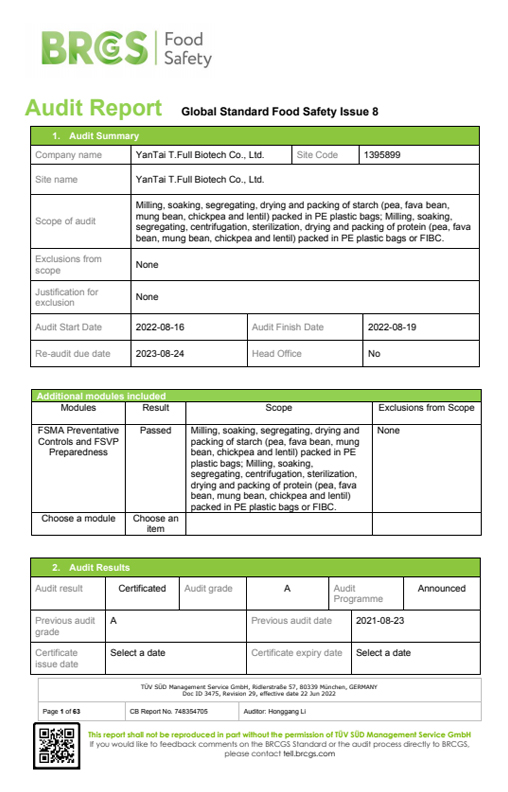 Qualification-YANTAI T.FULL BIOTECH CO.,LTD.